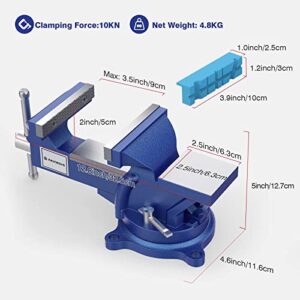 Raynesys 4-Inch Bench Vise, Ductile Cast Iron Bench Vise with 360° Flexible Swivel Base, Heavy Duty Home Work Bench Vice, Blue