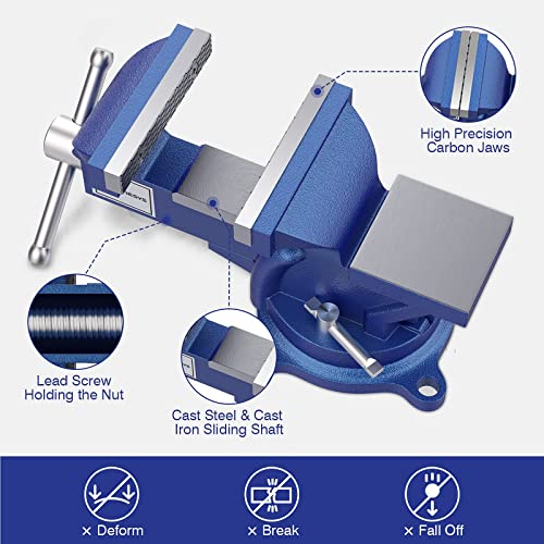 Raynesys 4-Inch Bench Vise, Ductile Cast Iron Bench Vise with 360° Flexible Swivel Base, Heavy Duty Home Work Bench Vice, Blue