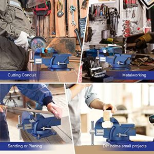 Raynesys 4-Inch Bench Vise, Ductile Cast Iron Bench Vise with 360° Flexible Swivel Base, Heavy Duty Home Work Bench Vice, Blue