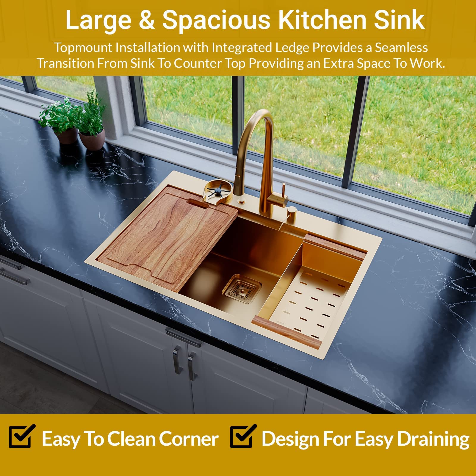 Strictly Sinks 33” Topmount Kitchen Workstation Sink Gold Single Bowl 16 Gauge Stainless Steel Drop In Sink With Scratch, Stain Resistant Colander, Cutting Board, Bottom Grid & Square Disposal Adapter