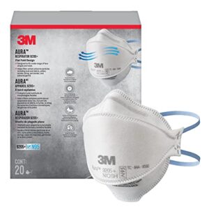 3m aura particulate n95 respirator 9205+, flat fold lightweight design, non-valved, 20 count (pack of 1)