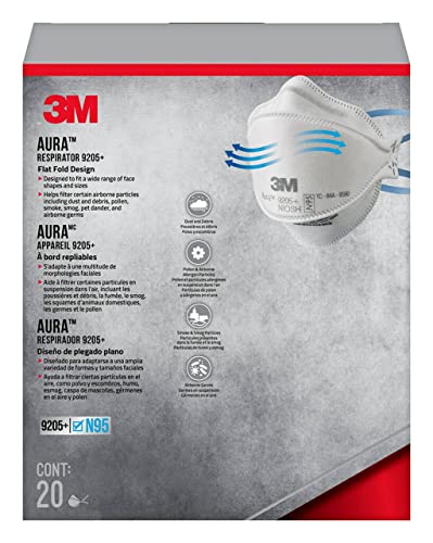 3M Aura Particulate N95 Respirator 9205+, Flat Fold Lightweight Design, Non-Valved, 20 Count (Pack of 1)