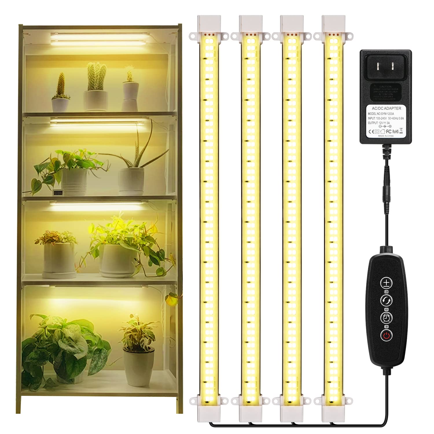 Mosthink Grow Lights for Indoor Plants, 4 Packs LED Strips Full Spectrum with Auto Timer 3/6/12H, Dimmable Sunlike Growing Lamp for Greenhouse,Seedling,432 LEDs (16 Inches)