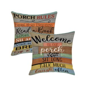 jartinle decorative outdoor pillow covers porch rules sign farmhouse throw pillow covers, square linen patio cushion cases for couch bench seat chair car 18x18 inch