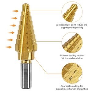 PRECIHW 9 Sizes Titanium Step Drill Bit, 1/4 to 3/4 Inches High Speed Steel Step Drill Bits for Hole Drilling, HSS Multi Size Step Drill Bits for Metal, Aluminium and Wood