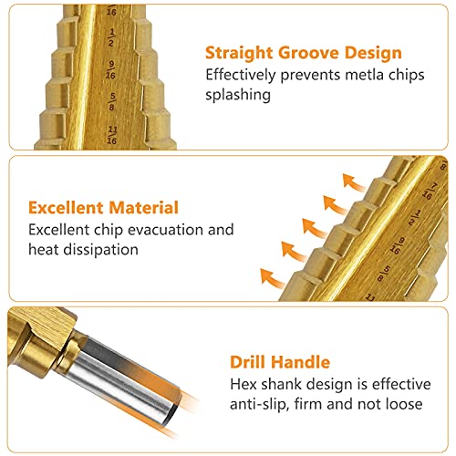 PRECIHW 9 Sizes Titanium Step Drill Bit, 1/4 to 3/4 Inches High Speed Steel Step Drill Bits for Hole Drilling, HSS Multi Size Step Drill Bits for Metal, Aluminium and Wood