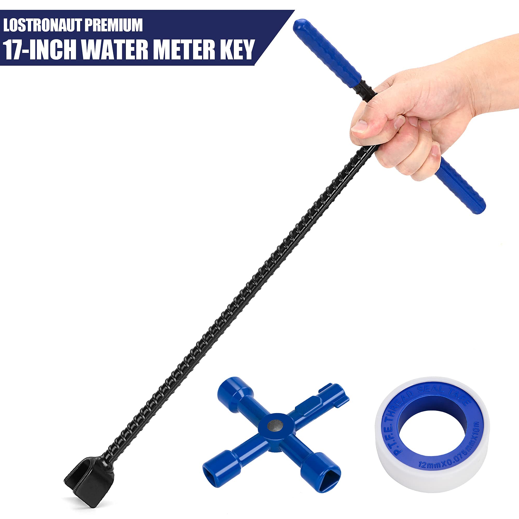 LOSTRONAUT Water Meter Key Wrench 17 Inch - Includes 4-Way Utility Tool and Plumbers Tape - Contractor Grade Curb Valve Tool for Main Shut Off