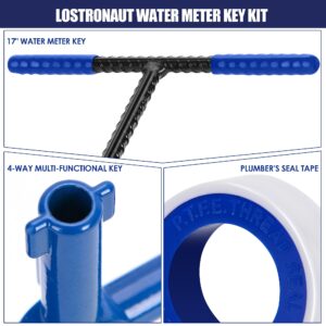 LOSTRONAUT Water Meter Key Wrench 17 Inch - Includes 4-Way Utility Tool and Plumbers Tape - Contractor Grade Curb Valve Tool for Main Shut Off