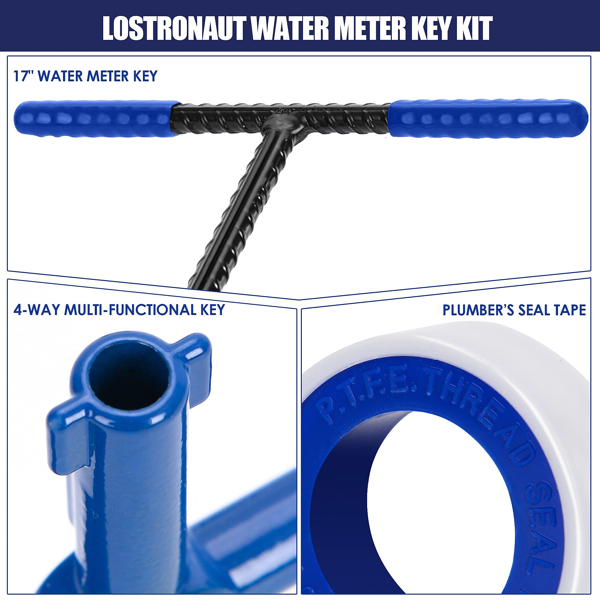 LOSTRONAUT Water Meter Key Wrench 17 Inch - Includes 4-Way Utility Tool and Plumbers Tape - Contractor Grade Curb Valve Tool for Main Shut Off