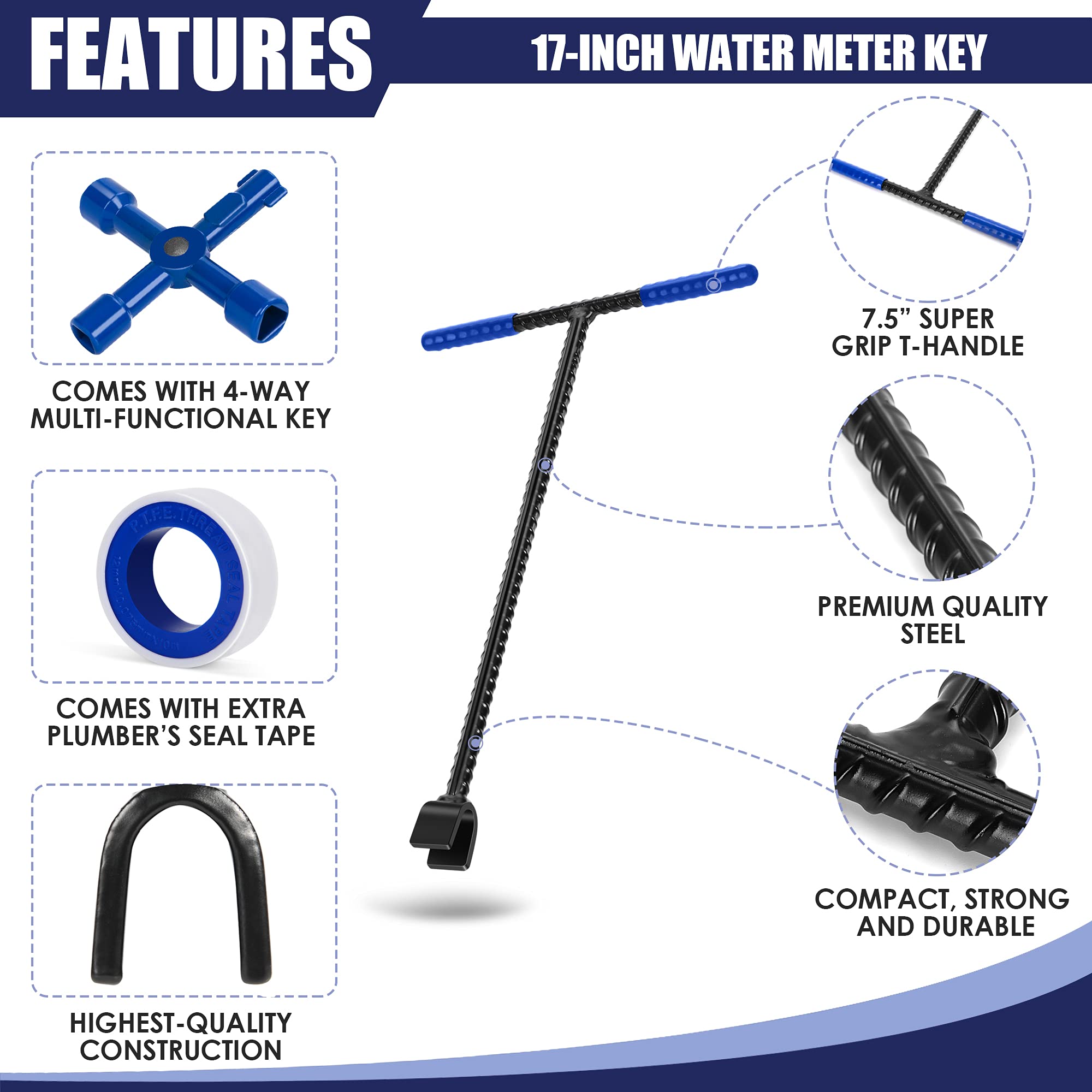 LOSTRONAUT Water Meter Key Wrench 17 Inch - Includes 4-Way Utility Tool and Plumbers Tape - Contractor Grade Curb Valve Tool for Main Shut Off