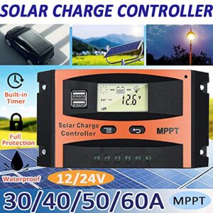 30A Solar Charge Controller,MPPT Solar Charger Controller, 12V/24V Solar Panel Intelligent Regulator with Dual USB Port and PWM LCD Display