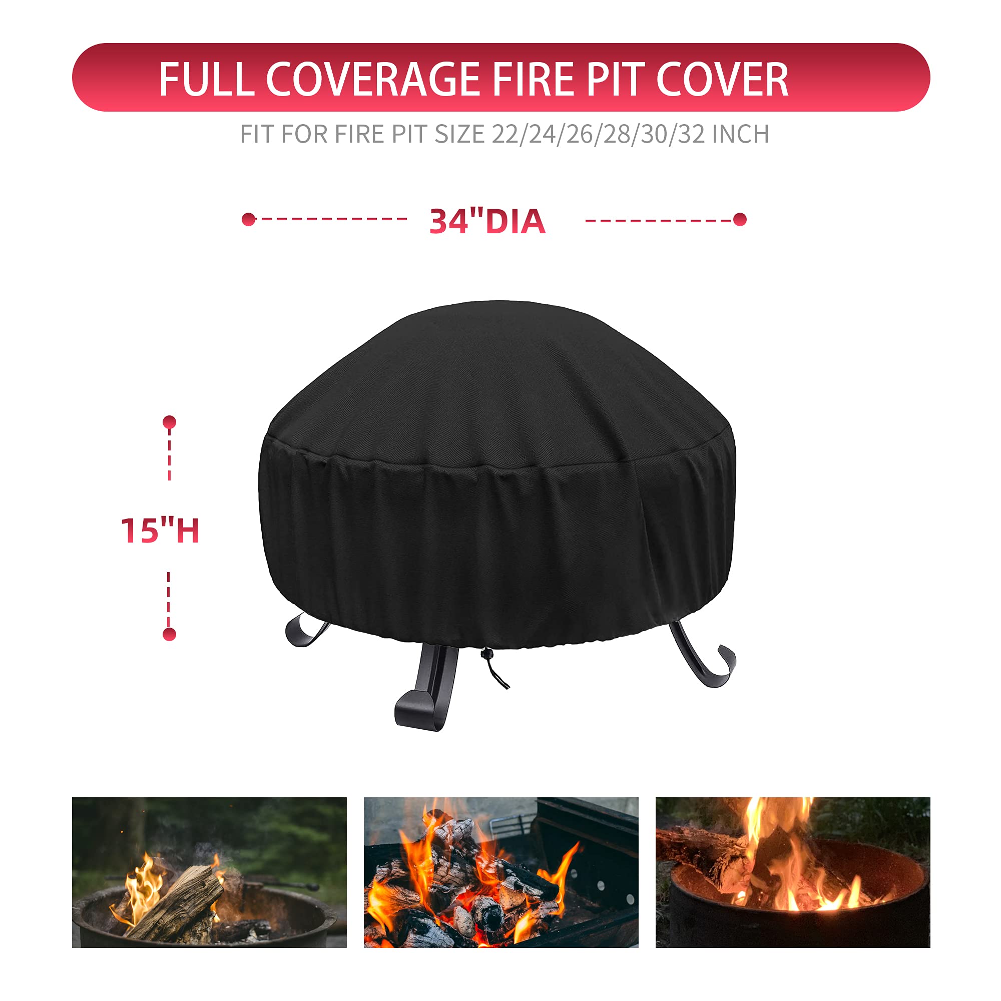 WLEAFJ Fire Pit Cover Round for Fire Pit 22 Inch – 34 Inch, 420D Heavy Duty Oxford Fabric Firepit Cover Round, Full Coverage Patio Outdoor Fireplace Cover, Waterproof Fire Bowl Cover