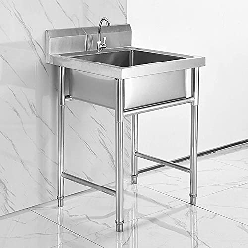 BSQT Movable Stainless Steel Utility Commercial Sink with 360 Degrees Faucet，Kitchen Single Sink for Outdoor Indoor Garage Laundry Utility Room -70×70×80cm (Size : 606080cm),60*60*80cm