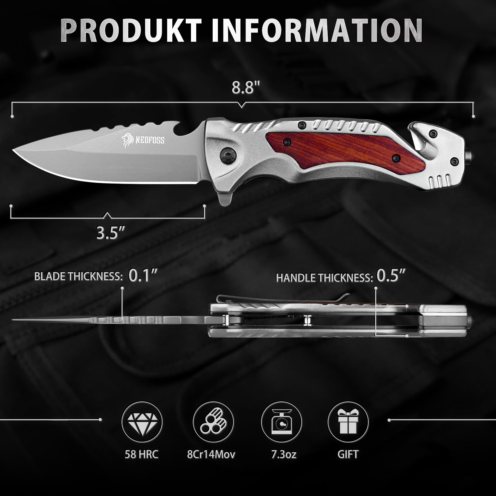 NedFoss Pocket Knife for Men DA169, 5 IN 1 Multitool Folding Knife with Clip, Survival Knife with Glass Breaker, Seat Belt Cutter,Folding Pocket Knives for Camping Hiking