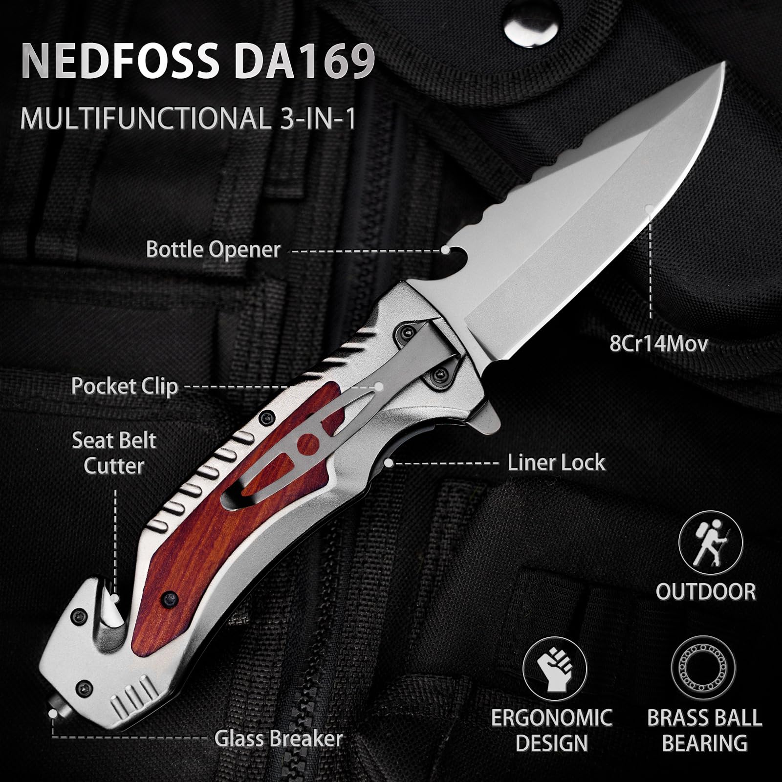 NedFoss Pocket Knife for Men DA169, 5 IN 1 Multitool Folding Knife with Clip, Survival Knife with Glass Breaker, Seat Belt Cutter,Folding Pocket Knives for Camping Hiking