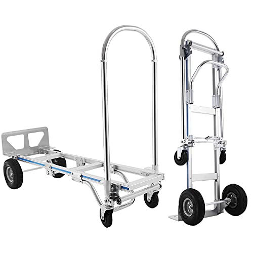 SmarketBuy Aluminum Hand Truck 1000LBS Capacity 2 in 1 Heavy Duty Hand Truck Convertible Folding with Nose Plate 4 Wheels Hand Truck Dolly