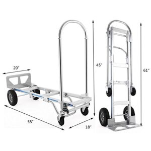 SmarketBuy Aluminum Hand Truck 1000LBS Capacity 2 in 1 Heavy Duty Hand Truck Convertible Folding with Nose Plate 4 Wheels Hand Truck Dolly