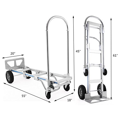 SmarketBuy Aluminum Hand Truck 1000LBS Capacity 2 in 1 Heavy Duty Hand Truck Convertible Folding with Nose Plate 4 Wheels Hand Truck Dolly