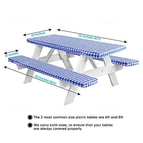 LINPRO 6ft Vinyl Fitted Picnic Table Cover with Bench Covers - Camper and Travel Accessories - Checkered Outdoor Picnic Tablecloth and seat Covers with Elastic Edges Waterproof 3 Pc Set for Patio 72"