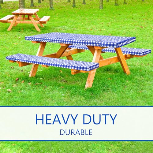 LINPRO 6ft Vinyl Fitted Picnic Table Cover with Bench Covers - Camper and Travel Accessories - Checkered Outdoor Picnic Tablecloth and seat Covers with Elastic Edges Waterproof 3 Pc Set for Patio 72"