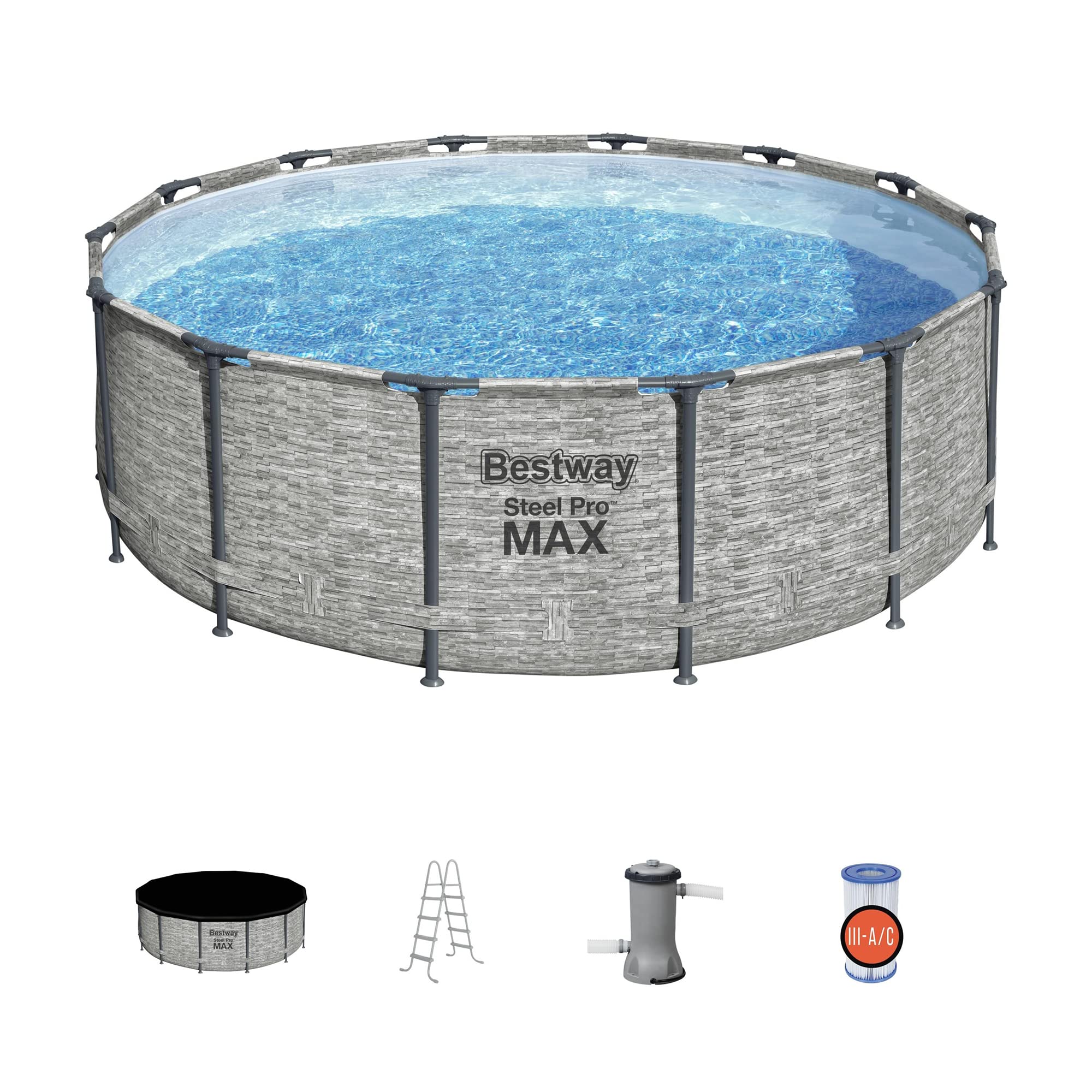 Bestway Steel Pro MAX 14 Foot x 48 Inch Round Metal Frame Above Ground Outdoor Swimming Pool Set with 1,000 Filter Pump, Ladder, and Cover, Gray