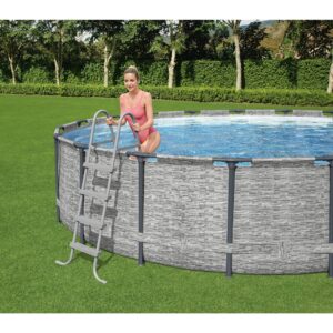 Bestway Steel Pro MAX 14 Foot x 48 Inch Round Metal Frame Above Ground Outdoor Swimming Pool Set with 1,000 Filter Pump, Ladder, and Cover, Gray