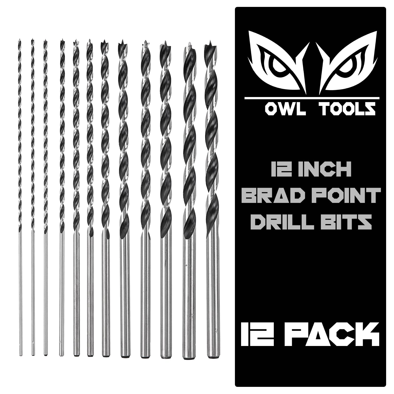 Owl Tools Extra Long 12" Brad Point Wood Drill Bit Set (12 Pack with Storage Sleeve) Carpenters Quality - Drill Splinter-Free Perfectly Round Holes in All Types of Wood