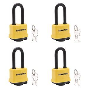 cincinno 4 pack heavy duty covered laminated steel padlocks keyed alike, weatherproof padlocks with 1-9/16 in. wide body, long shackle for gate lock, shed lock, storage locker lock