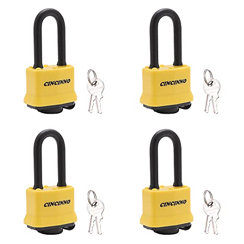 CINCINNO 4 Pack Heavy Duty Covered Laminated Steel Padlocks Keyed Alike, Weatherproof Padlocks with 1-9/16 in. Wide Body, Long Shackle for Gate Lock, Shed Lock, Storage Locker Lock