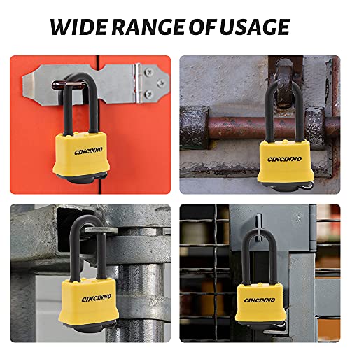 CINCINNO 4 Pack Heavy Duty Covered Laminated Steel Padlocks Keyed Alike, Weatherproof Padlocks with 1-9/16 in. Wide Body, Long Shackle for Gate Lock, Shed Lock, Storage Locker Lock