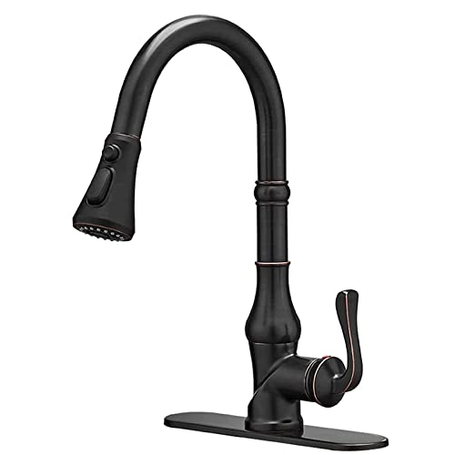 BATHLAVISH Kitchen Faucet Oil Rubbed Bronze, Pull Down Kitchen Faucet Farmhouse with Sprayer, Kitchen Sink Faucet Bronze, Single Hole Single Handle 3 Outlet Mode with 10 Inch Deck Plate Solid Brass