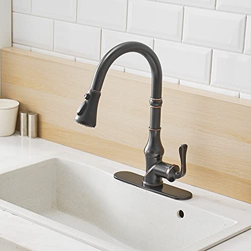 BATHLAVISH Kitchen Faucet Oil Rubbed Bronze, Pull Down Kitchen Faucet Farmhouse with Sprayer, Kitchen Sink Faucet Bronze, Single Hole Single Handle 3 Outlet Mode with 10 Inch Deck Plate Solid Brass