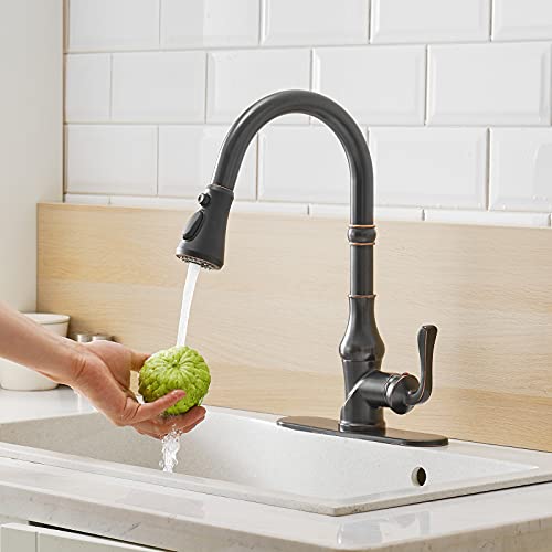 BATHLAVISH Kitchen Faucet Oil Rubbed Bronze, Pull Down Kitchen Faucet Farmhouse with Sprayer, Kitchen Sink Faucet Bronze, Single Hole Single Handle 3 Outlet Mode with 10 Inch Deck Plate Solid Brass