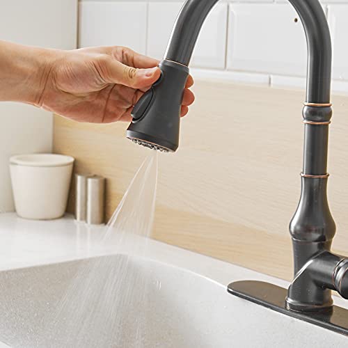 BATHLAVISH Kitchen Faucet Oil Rubbed Bronze, Pull Down Kitchen Faucet Farmhouse with Sprayer, Kitchen Sink Faucet Bronze, Single Hole Single Handle 3 Outlet Mode with 10 Inch Deck Plate Solid Brass