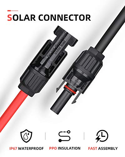 BougeRV 60 Feet 10AWG Solar Extension Cable with Female and Male Connector with Extra Free Pair of Connectors Solar Panel Adaptor Kit Tool (60FT Red + 60FT Black)