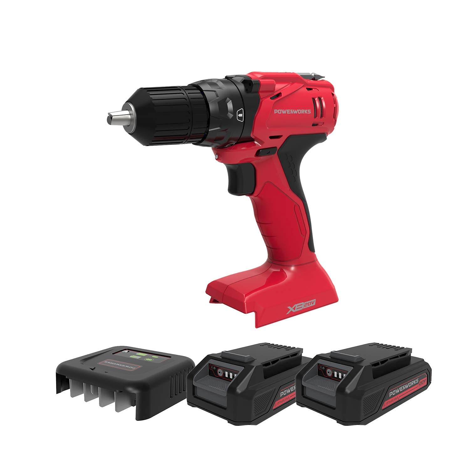 POWERWORKS 20V Li-Ion Brushless Drill Set with 2 x 1.5Ah Battery 0.5Ah Charger Pack, 3700513AZ