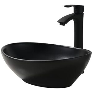 black oval bathroom sink with faucet and drain combo - vasoyo 16"x13" matte black bathroom vessel sink above counter oval porcelain ceramic bathroom vessel vanity sink, faucet and drain combo