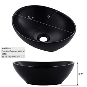 Black Oval Bathroom Sink with Faucet and Drain Combo - VASOYO 16"x13" Matte Black Bathroom Vessel Sink Above Counter Oval Porcelain Ceramic Bathroom Vessel Vanity Sink, Faucet and Drain Combo