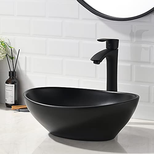 Black Oval Bathroom Sink with Faucet and Drain Combo - VASOYO 16"x13" Matte Black Bathroom Vessel Sink Above Counter Oval Porcelain Ceramic Bathroom Vessel Vanity Sink, Faucet and Drain Combo