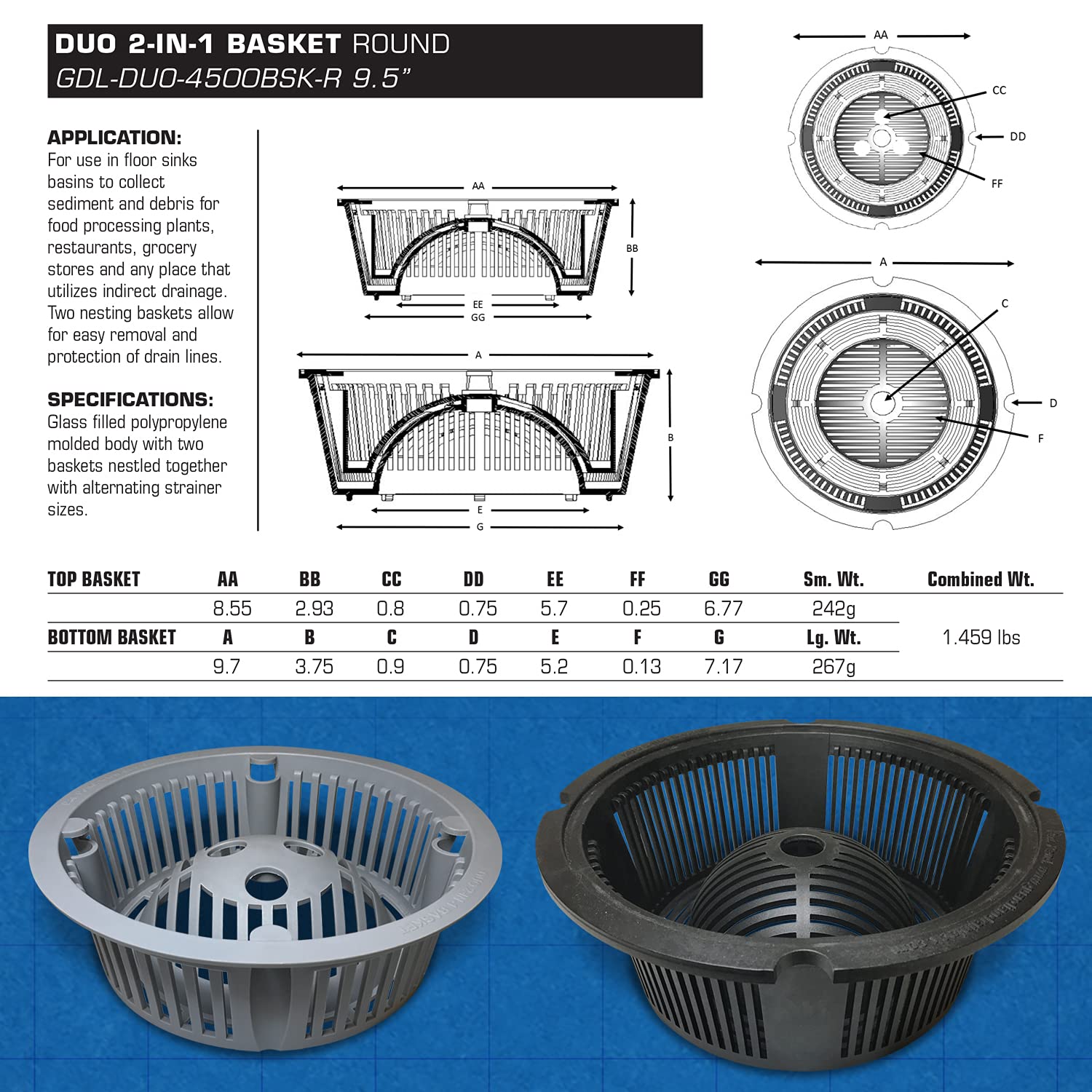 Guardian Drain Lock DUO 2 in 1 Basket - 2 Piece Commercial Floor Sink Sediment Strainer For Easy Removal And Protection Of Drain Lines