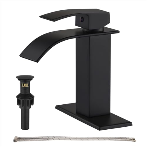 GENBONS Black Waterfall Spout Bathroom Faucet, Single Handle Bathroom Sink Faucet with Metal Pop-up Drain, Rv Lavatory Vessel Faucet with Deck Plate