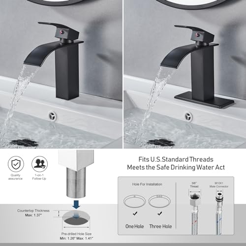 GENBONS Black Waterfall Spout Bathroom Faucet, Single Handle Bathroom Sink Faucet with Metal Pop-up Drain, Rv Lavatory Vessel Faucet with Deck Plate