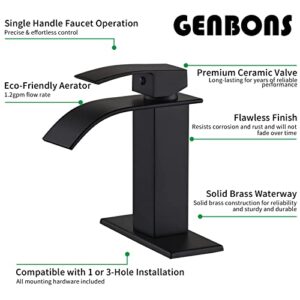 GENBONS Black Waterfall Spout Bathroom Faucet, Single Handle Bathroom Sink Faucet with Metal Pop-up Drain, Rv Lavatory Vessel Faucet with Deck Plate