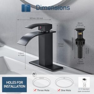 GENBONS Black Waterfall Spout Bathroom Faucet, Single Handle Bathroom Sink Faucet with Metal Pop-up Drain, Rv Lavatory Vessel Faucet with Deck Plate