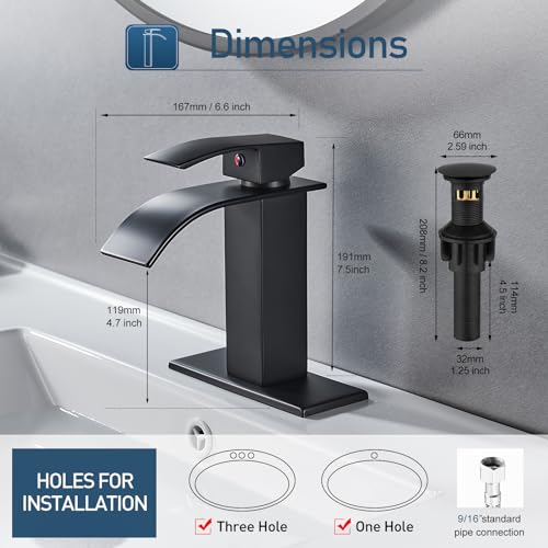 GENBONS Black Waterfall Spout Bathroom Faucet, Single Handle Bathroom Sink Faucet with Metal Pop-up Drain, Rv Lavatory Vessel Faucet with Deck Plate