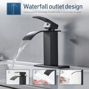 GENBONS Black Waterfall Spout Bathroom Faucet, Single Handle Bathroom Sink Faucet with Metal Pop-up Drain, Rv Lavatory Vessel Faucet with Deck Plate