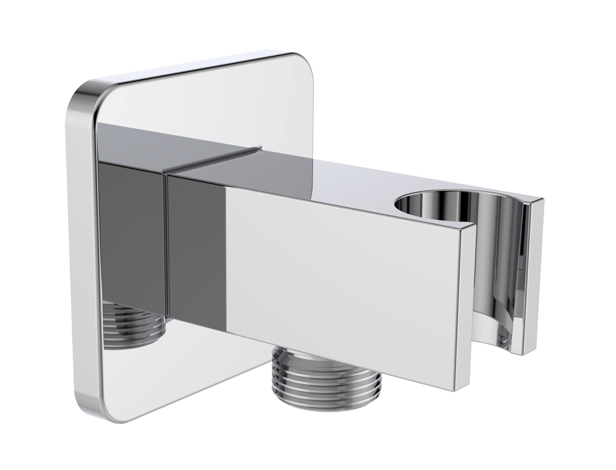 Aquaiaw Wall Supply Elbow with Flange. All Aquaiaw Water Supply Elbows are Without Nipples. Tapered 1/2 NPT Female Inlet, Brass Wall Union with Handshower Holder, Square, Polished Chrome, G1/2 Outlet