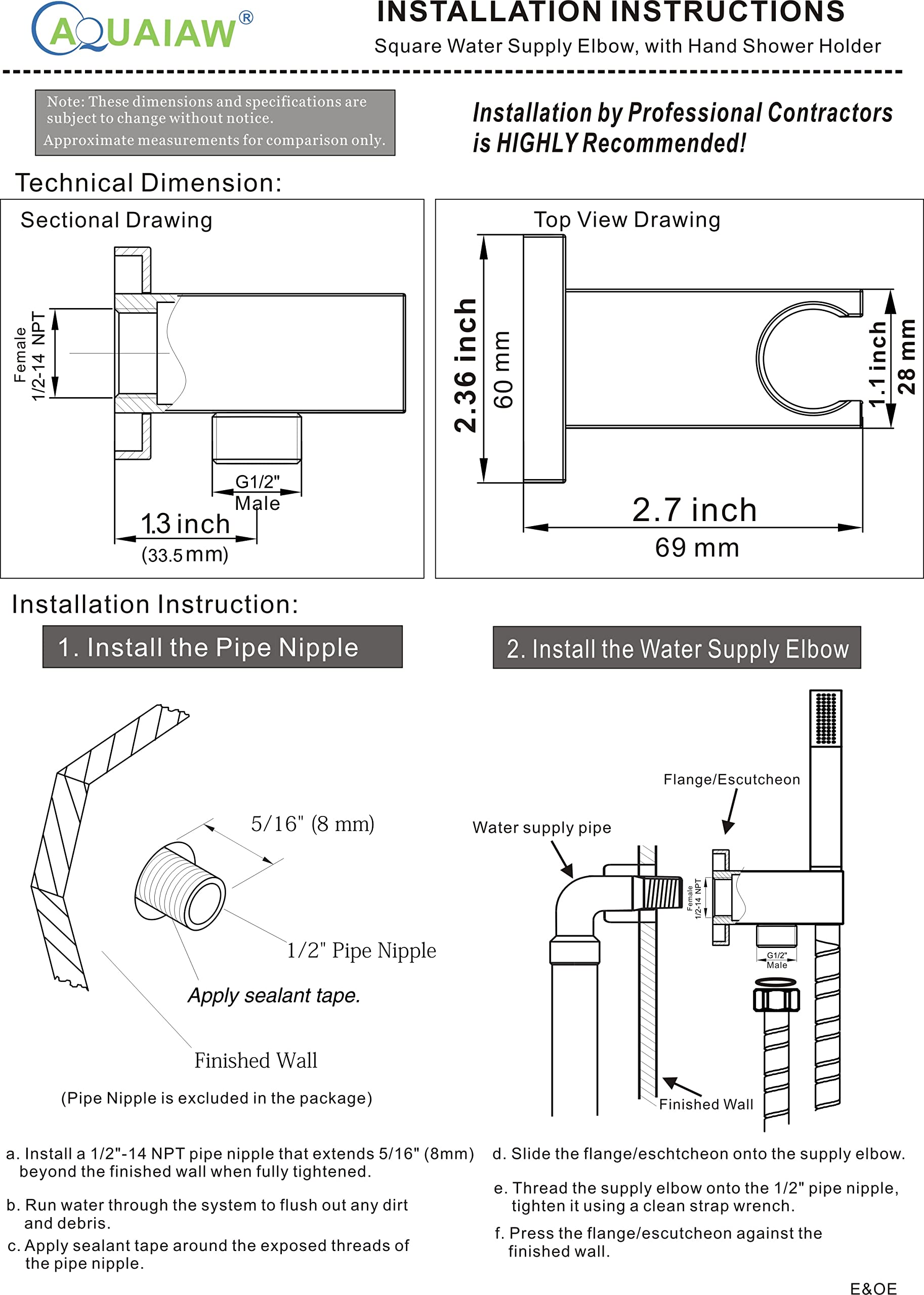 Aquaiaw Wall Supply Elbow with Flange. All Aquaiaw Water Supply Elbows are Without Nipples. Tapered 1/2 NPT Female Inlet, Brass Wall Union with Handshower Holder, Square, Polished Chrome, G1/2 Outlet