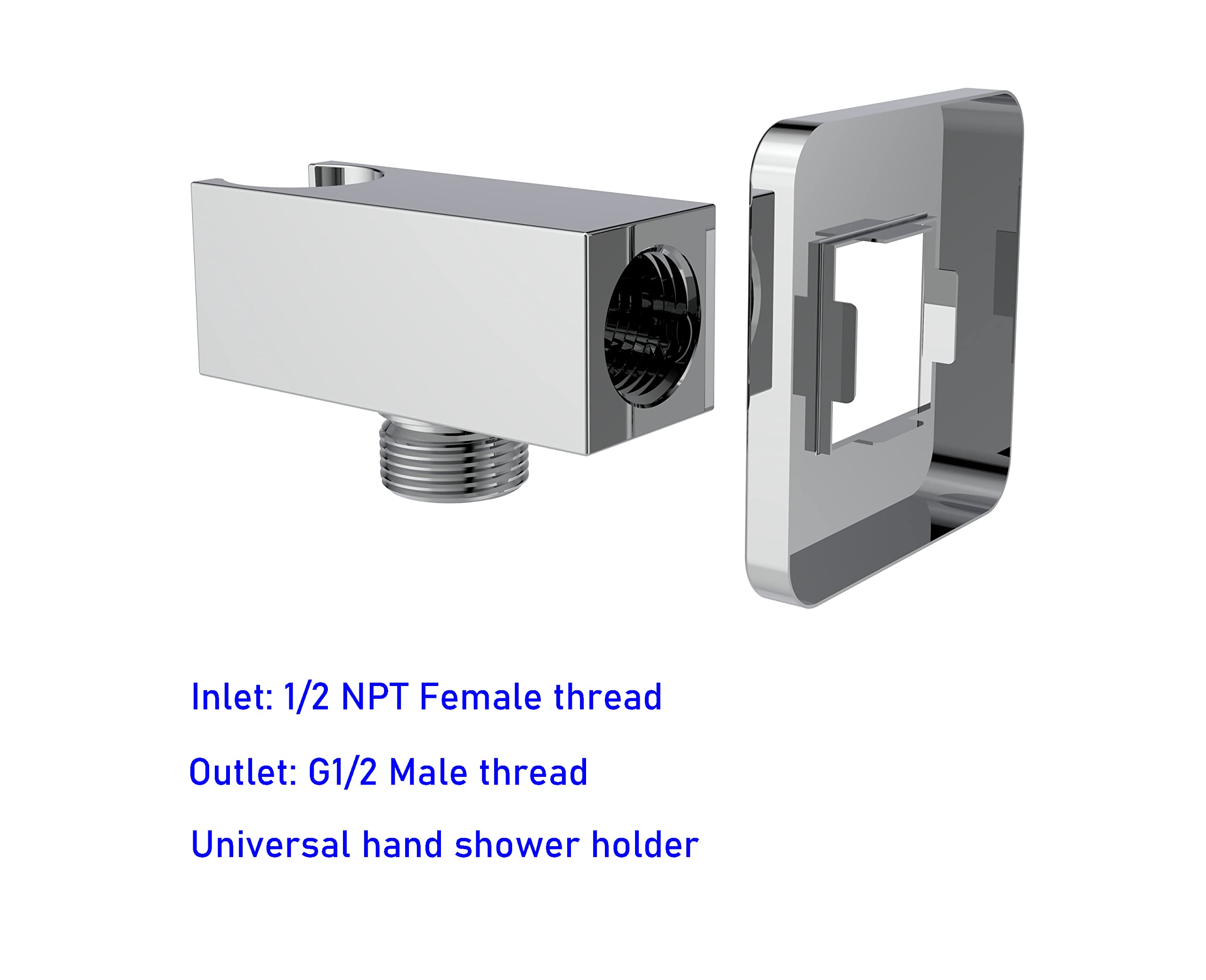 Aquaiaw Wall Supply Elbow with Flange. All Aquaiaw Water Supply Elbows are Without Nipples. Tapered 1/2 NPT Female Inlet, Brass Wall Union with Handshower Holder, Square, Polished Chrome, G1/2 Outlet