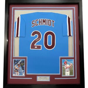 framed autographed/signed mike schmidt 33x42 philadelphia retro blue baseball jersey jsa coa